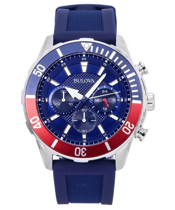 Bulova Sports Chronograph Silicone Strap Blue Dial Quartz 98K111 100M ...