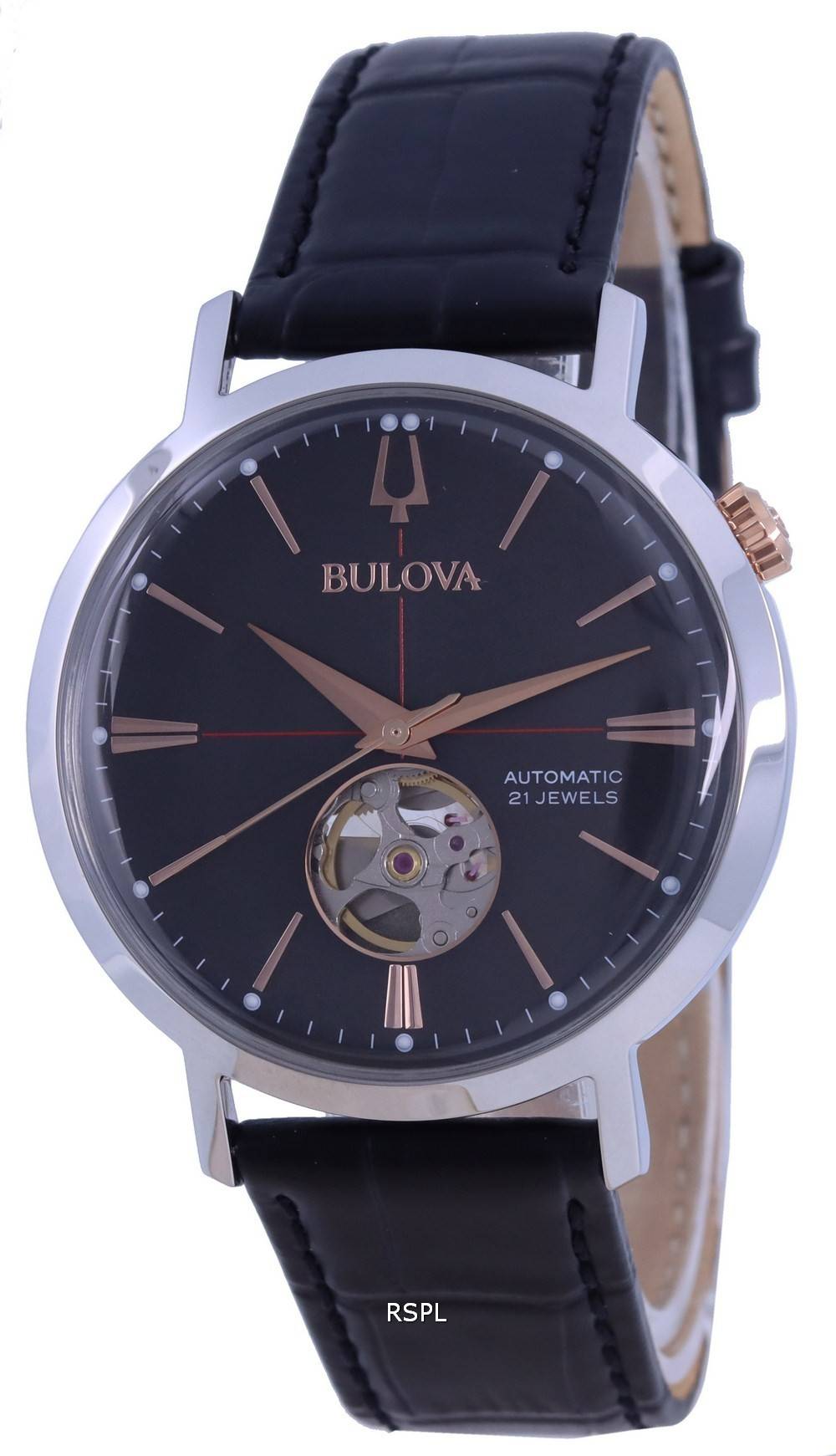 Bulova Classic Open Heart Grey Dial Leather Strap Automatic 98A187 Men ...