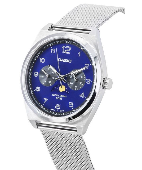Casio Standard Analog Stainless Steel Mesh Bracelet Moon Phase Blue ...