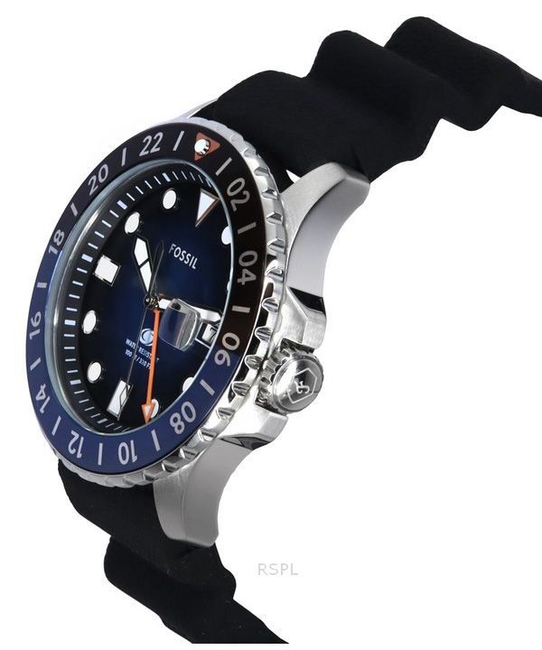 Fossil Blue GMT Silicone Strap Black And Blue Sunray Dial Quartz FS6049 ...